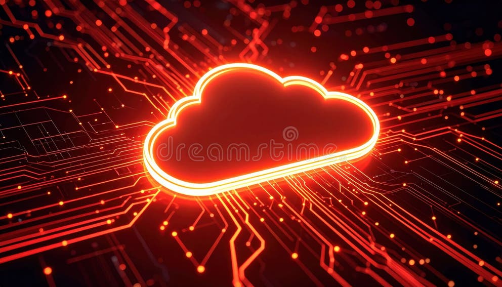 A Glowing Red Cloud Symbol Over Circuitry, Symbolizing Cloud Computing, Data Storage, and ...