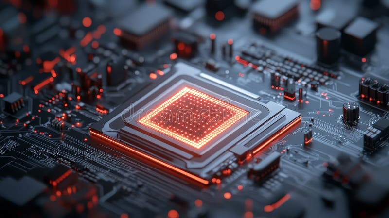 Glowing Red CPU on Advanced Motherboard Circuit Stock Illustration ...