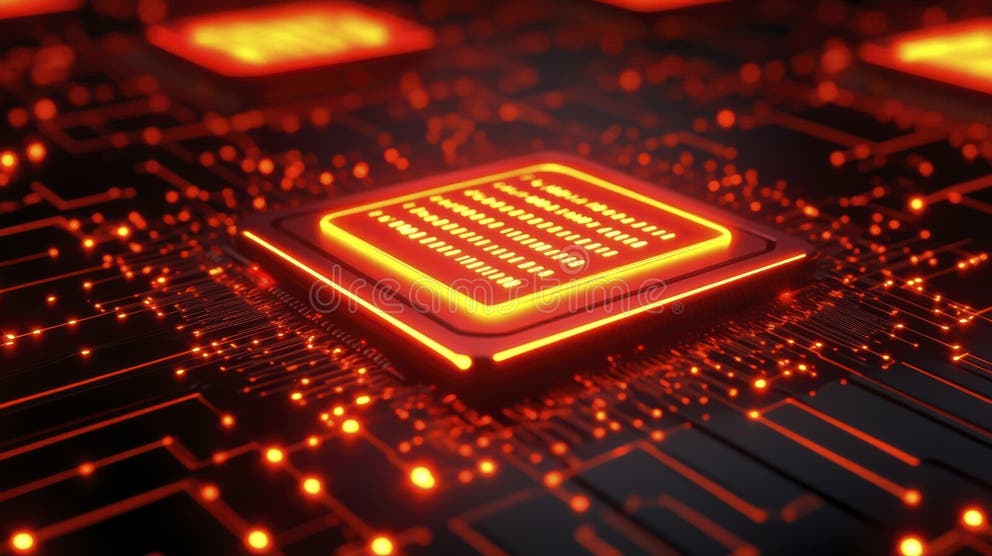 Glowing Red CPU on Dark Circuit Board Stock Illustration - Illustration ...