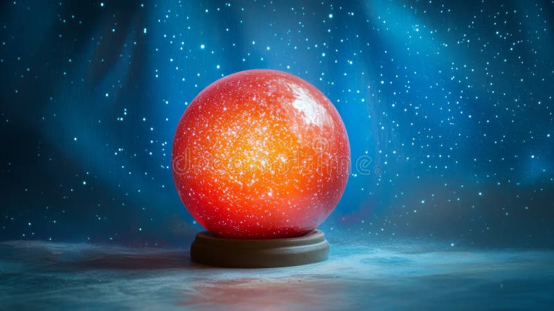Glowing Red Crystal Ball on Snowy Surface with Blue Background Stock ...