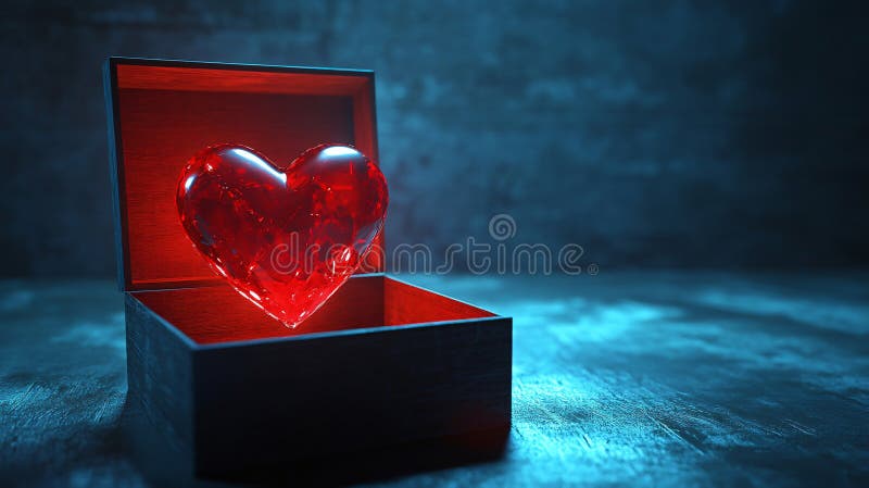 Glowing Red Crystal Heart in Wooden Box Stock Illustration ...