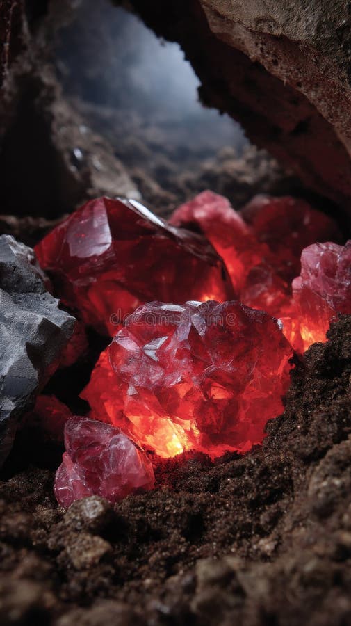 Glowing Red Crystals Nestled in Earthen Cave, Creating a Mysterious and ...