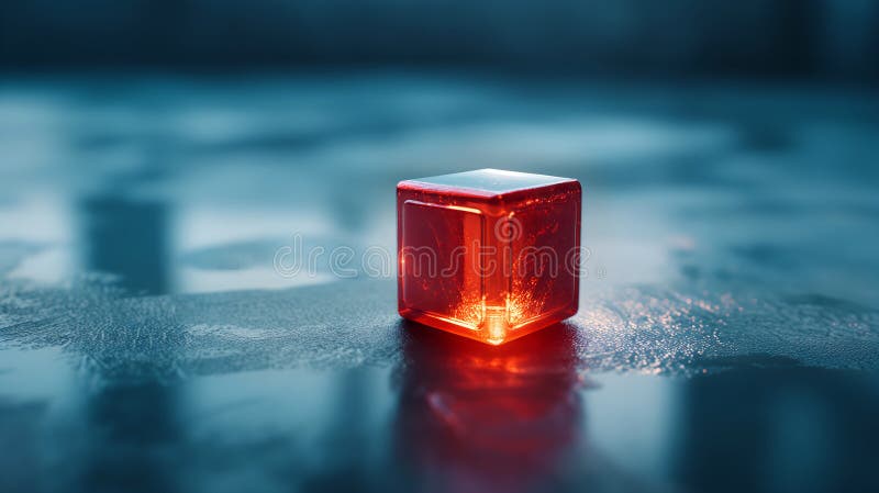 Glowing Red Cube on Reflective Surface in Dimly Lit Room at Night Stock Photo - Image of scene ...