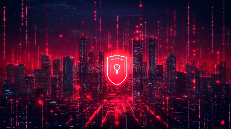 Cybersecurity Shield Over Futuristic Cityscape Stock Illustration ...