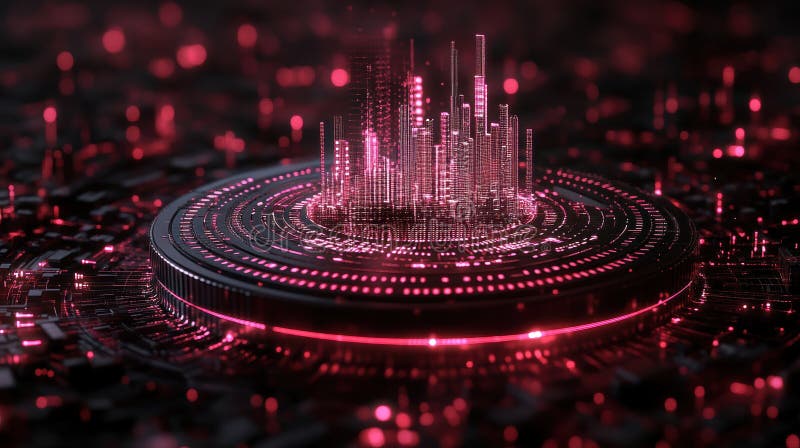 A Glowing Red Digital Cityscape Rises from a Circular Platform ...
