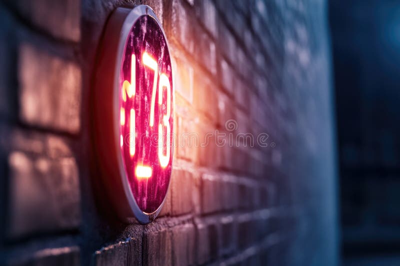 Glowing Red Digital Clock on Brick Wall in Urban Night Scene Stock ...