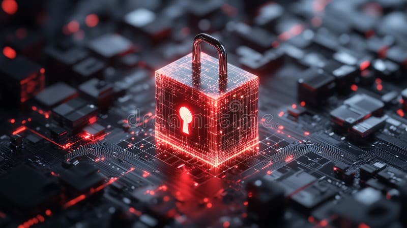 Glowing Red Digital Lock on a High-tech Circuit Board in a Cyberpunk ...