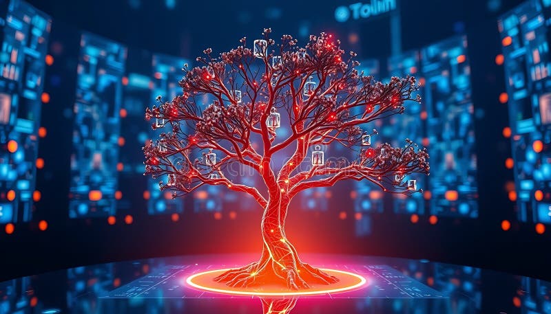 Glowing Red Digital Tree Network Data Nodes Cyber Background Stock ...