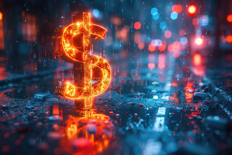 A Glowing Red Dollar Sign in the Rain Stock Illustration - Illustration ...