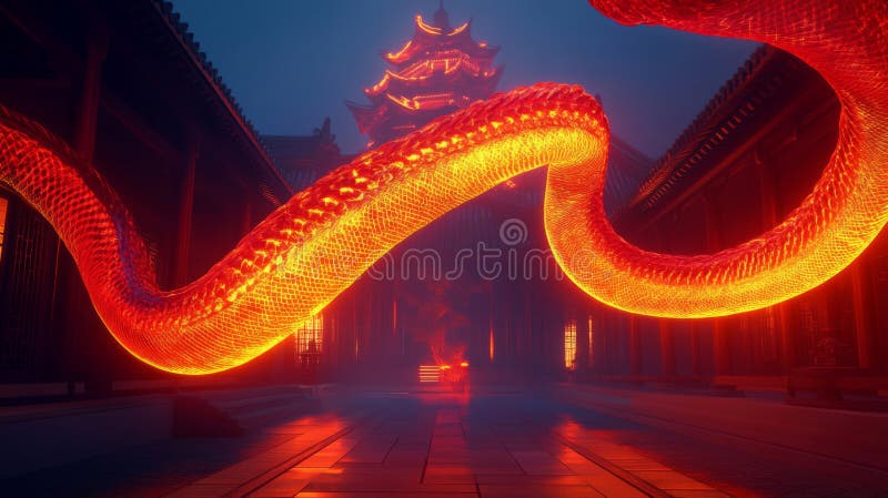 Glowing Red Dragon Coiling Around a Chinese Pagoda Stock Illustration ...