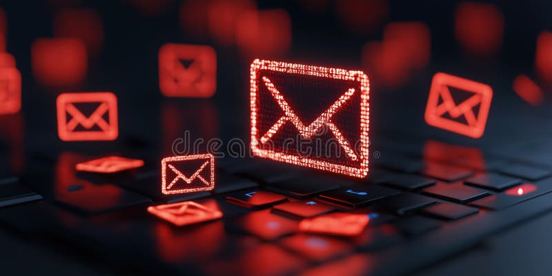 Glowing Red Email Icons Hover Over Keyboard, Symbolizing Phishing ...