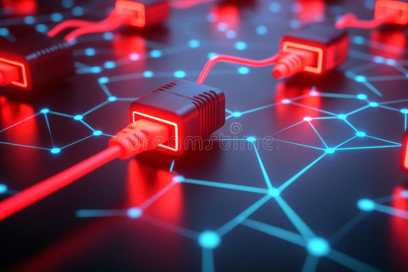 Glowing Red Ethernet Cables Connected in a Network Grid Symbolizing ...