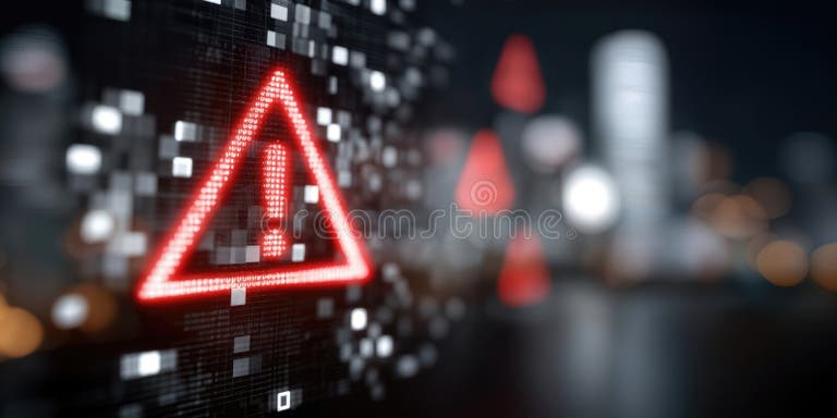 Generative AI Glowing Red Exclamation Point on Digital Display in Urban ...