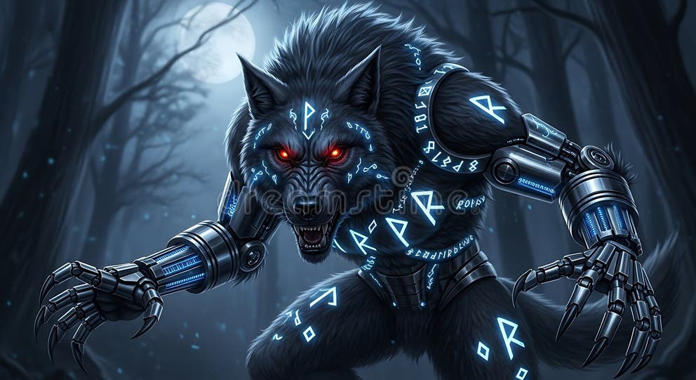 A Werewolf with Cybernetic Enhancements Stands Menacingly in a Dark ...