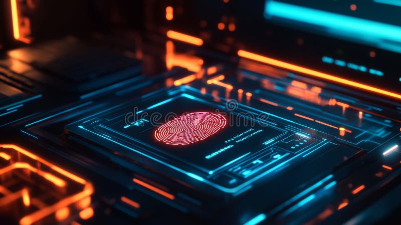 Glowing Red Fingerprint Icon on a Digital Device, Representing ...