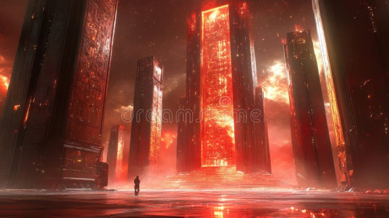 Glowing Red Futuristic City at Night Stock Illustration - Illustration ...