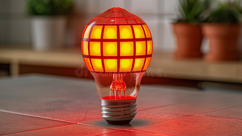 Glowing Red Grid Light Bulb on Table Stock Illustration - Illustration ...