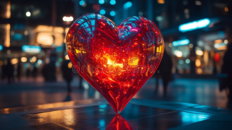 Glowing Red Heart in City at Night Stock Illustration - Illustration of ...