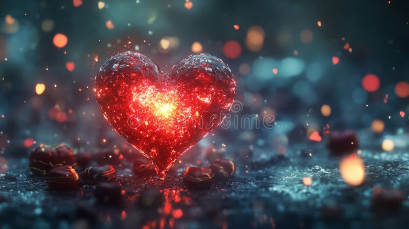 Glowing Red Heart with Dark Blue Background and Sparkling Particles ...