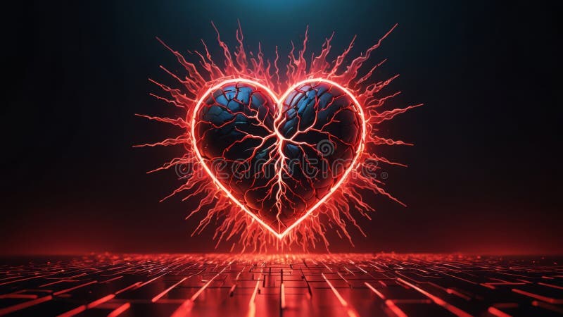 Glowing Red Heart with Electric Sparks on a Digital Surface ...