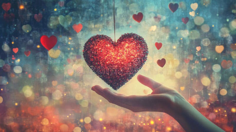 Glowing Red Heart Held in Hand Romantic Fantasy Art Stock Illustration ...