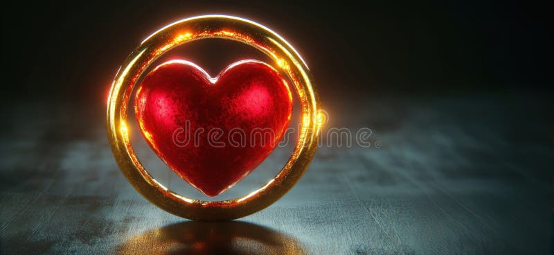 Glowing Red Heart Inside Golden Ring on Dark Background for Romantic ...