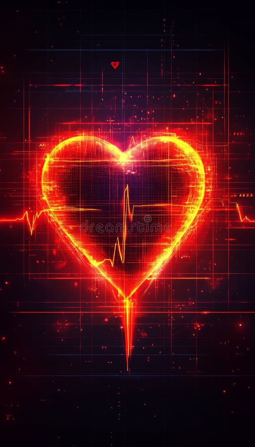 Glowing Red Heart Shape on ECG Pattern, Black Grid Background ...