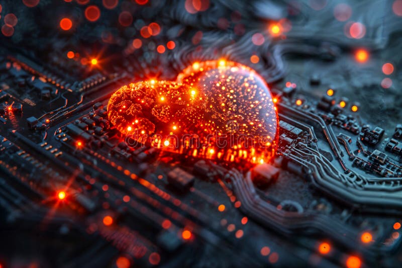 Glowing Red Heart Shape Integrated into a Complex Circuit Board Design ...