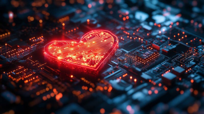 A Glowing Red Heart-Shaped Circuit Board, Symbolizing the Intersection ...
