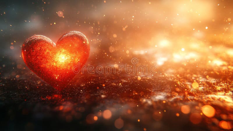 Glowing Red Heart with Sparkle Effects on Dark Background with Golden ...