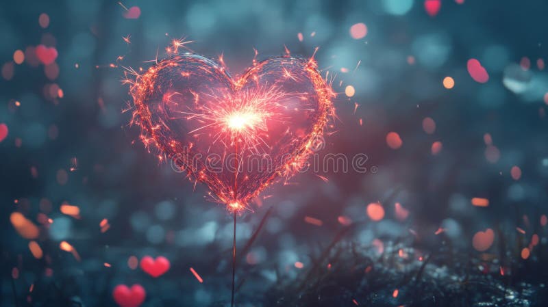 Glowing Red Heart Sparkler Against Dark Bokeh Background Stock ...