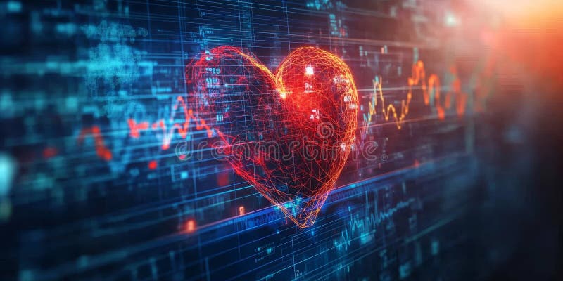 Glowing Red Heart Symbol Vector on Grid Background with Medical Line Chart, Abstract Bright ...