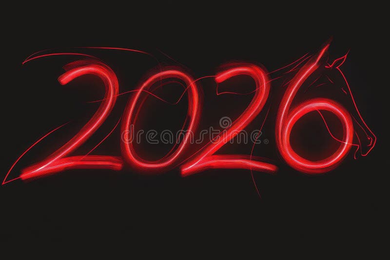 Glowing Red 2026 with Horse Silhouette in Dark Background. Stock Photo ...