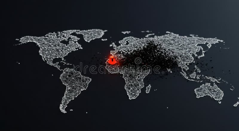 Glowing Red Hotspot on a Dark Global Network Map Stock Illustration ...