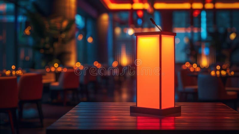 A Glowing Red Lamp Sits on a Wooden Table in a Dimly Lit Restaurant ...