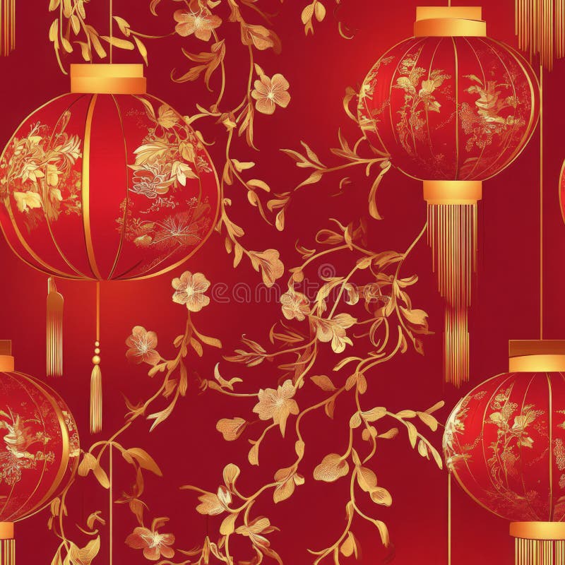 A Glowing Red Lantern Pattern with Golden Tassels and Delicate Floral ...