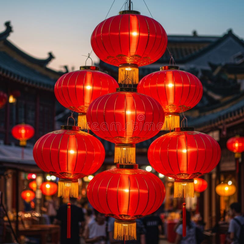 Glowing Red Lanterns Hanging at Night Market Stock Illustration ...