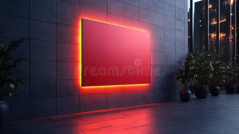 Glowing Red Led Display on Modern Building Wall at Night Stock ...