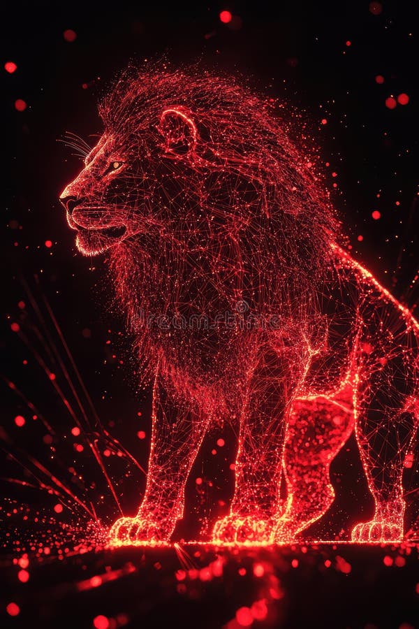 Glowing Red Lion in Digital Style with Sparkling Background Effects ...