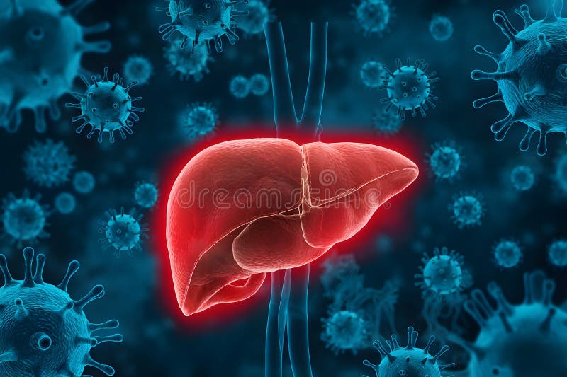 Glowing Red Liver Surrounded by Blue Microscopic Entities Representing ...