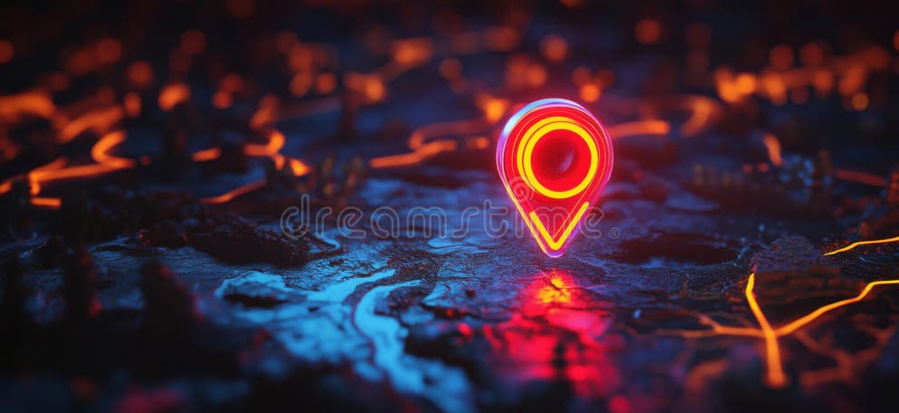 Glowing Red Location Pin on Dark Textured Surface with Glowing Lines ...