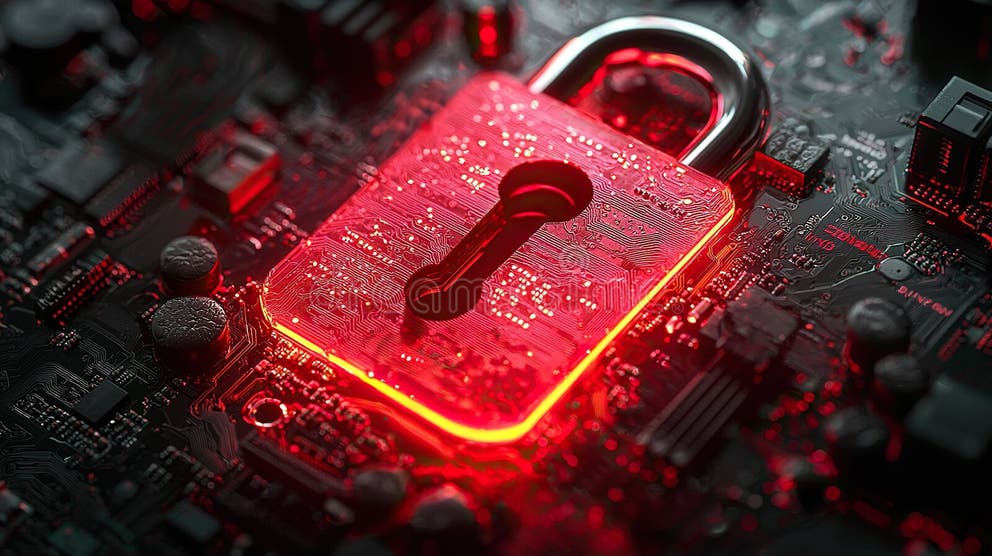 Glowing Red Lock on Circuit Board, Data Security Breach Stock ...