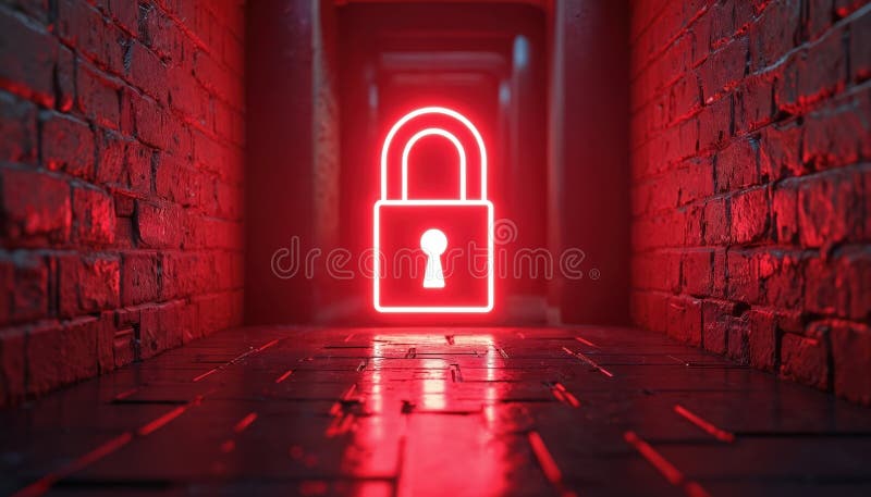 Glowing Red Lock with Keyhole on Brick Wall. Represents Protect Digital ...