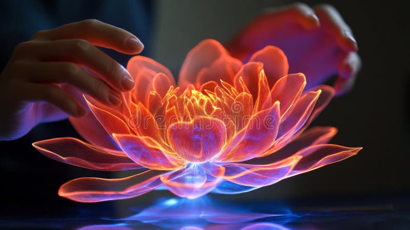 Glowing Red Lotus Flower Held by Hands in a Digital Art Stock ...