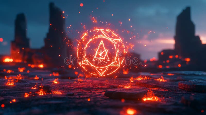 Glowing Red Magic Circle with Stones Ruins Against a Dark Blue Sky ...