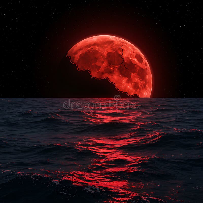 A Glowing Red Moon with Visible Surface Cracks Appears Partially ...