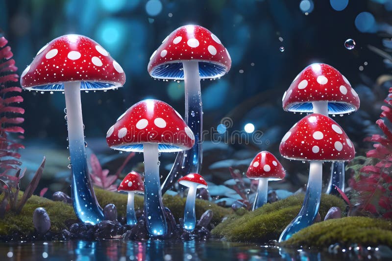 Glowing Red Mushrooms in Enchanted Forest. Created with Generative AI ...