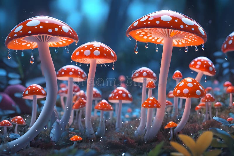 Glowing Red Mushrooms in Enchanted Forest. Created with Generative AI ...