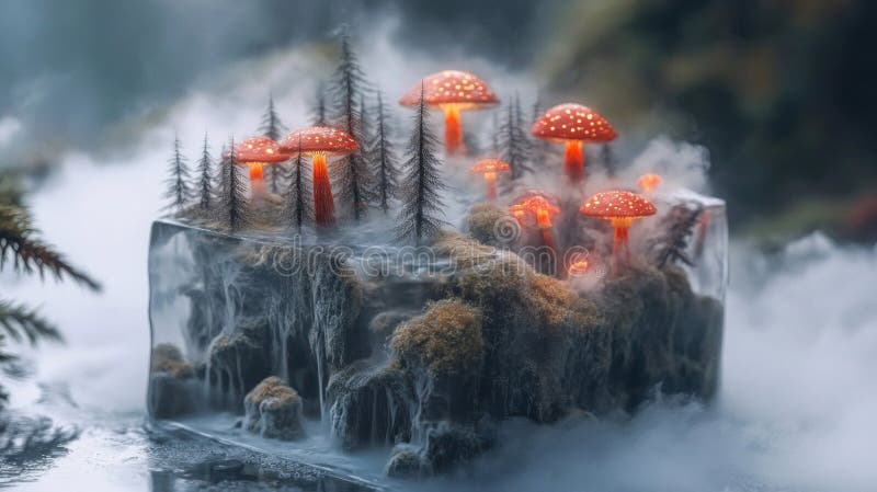 Glowing Red Mushrooms in a Frozen Forest Scene Stock Illustration ...