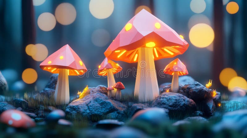 Glowing Red Mushrooms in Low Poly Forest at Night Stock Illustration ...